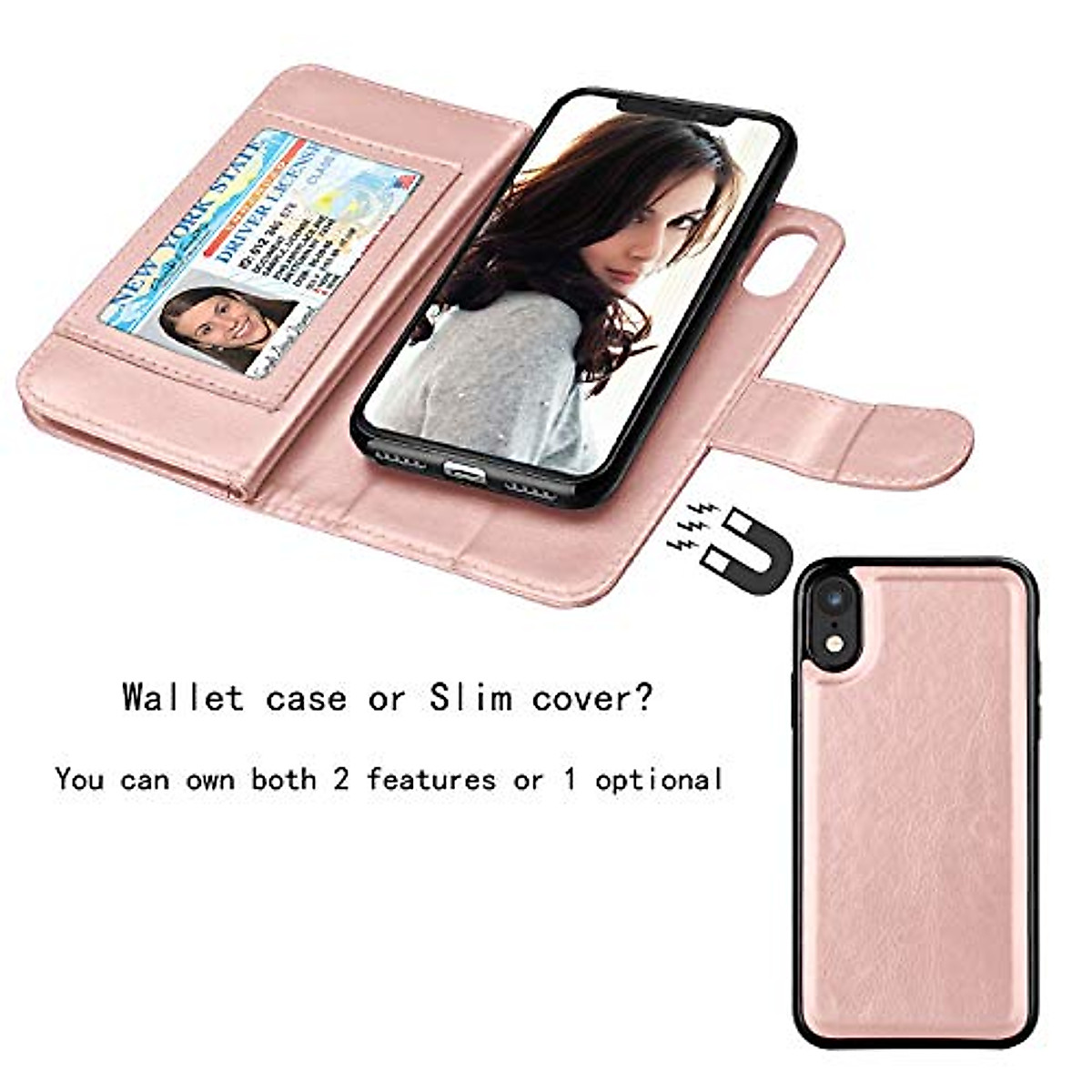 NJJEX Wallet Case for iPhone XR, for iPhone XR Case, PU Leather [9 Card Slots] ID Credit Holder Folio Flip Cover [Detachable][Kickstand] Magnetic Phone Case & Lanyard for iPhone XR 6.1" [Rose Gold]