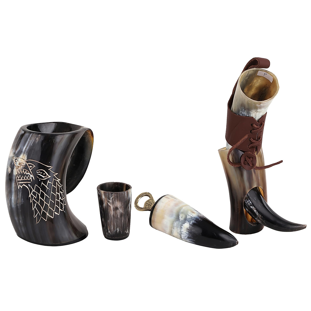 Brainmart Viking Drinking Horn Mug Set Dire Wolf Engraved Viking Gift for Men and Women Food Grade Medieval Style | Bottle Opener Shot Cup (6 Pcs Set)