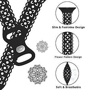 Lace Silicone Band Compatible with Apple Watch Bands 40mm 44mm 41mm 45mm 38mm 42mm Women,Thin Slim Hollow-out Soft Sport Strap Replacement Wristbands for iWatch SE Series 8 7 6 5 4 3 2 1,Black