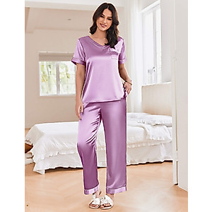 Ekouaer Silky Pajamas for Women Silk Pajamas for Women Classic Satin Sleep Sets Short Sleeve Pjs Set Loungewear Lavender L