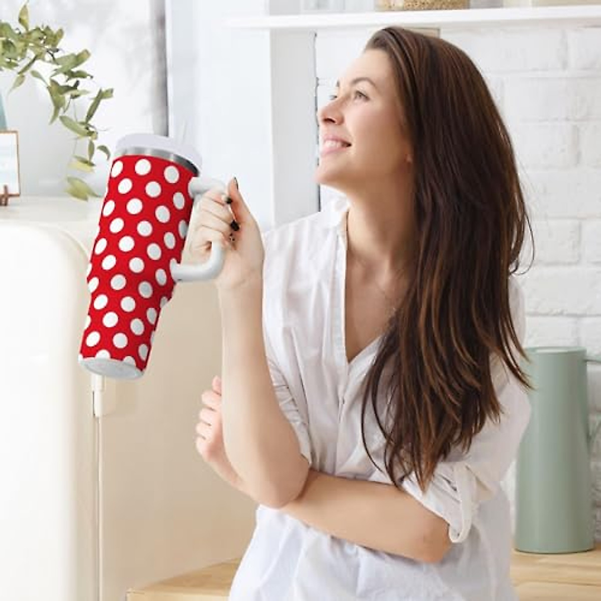 MCHIVER Red Polka Dots Tumbler with Lid and Straw 40 oz Insulated Water Bottle Leakproof Travel Mug Cup for Coffee Water Tea