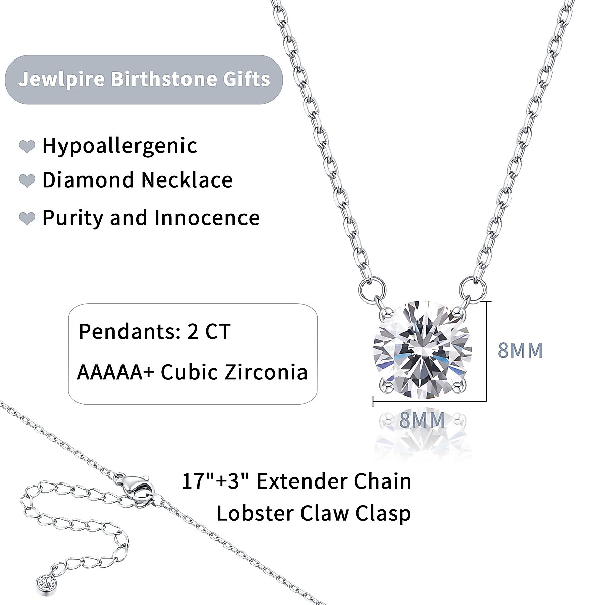 Jewlpire 18K Gold Diamond Necklaces for Women 2 Carat (8MM) CZ Birthstone Dainty Silver Necklace for Women, Christmas, Birthday Jewelry Gift for Women Girls Wife-Diamond