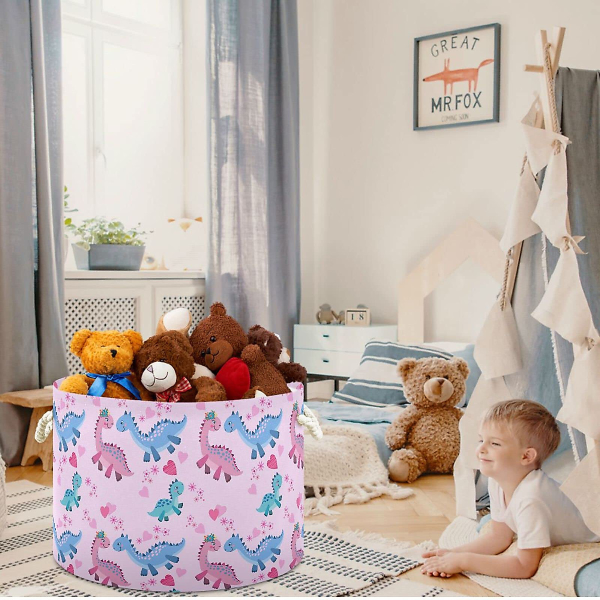 visesunny Cute Pink and Blue Dinosaur with Heart Laundry Baskets Fabric Storage Bin Storage Box Collapsible Storage Basket Toy Clothes Shelves Basket for Bathroom,Bedroom,Nursery,Closet,Office