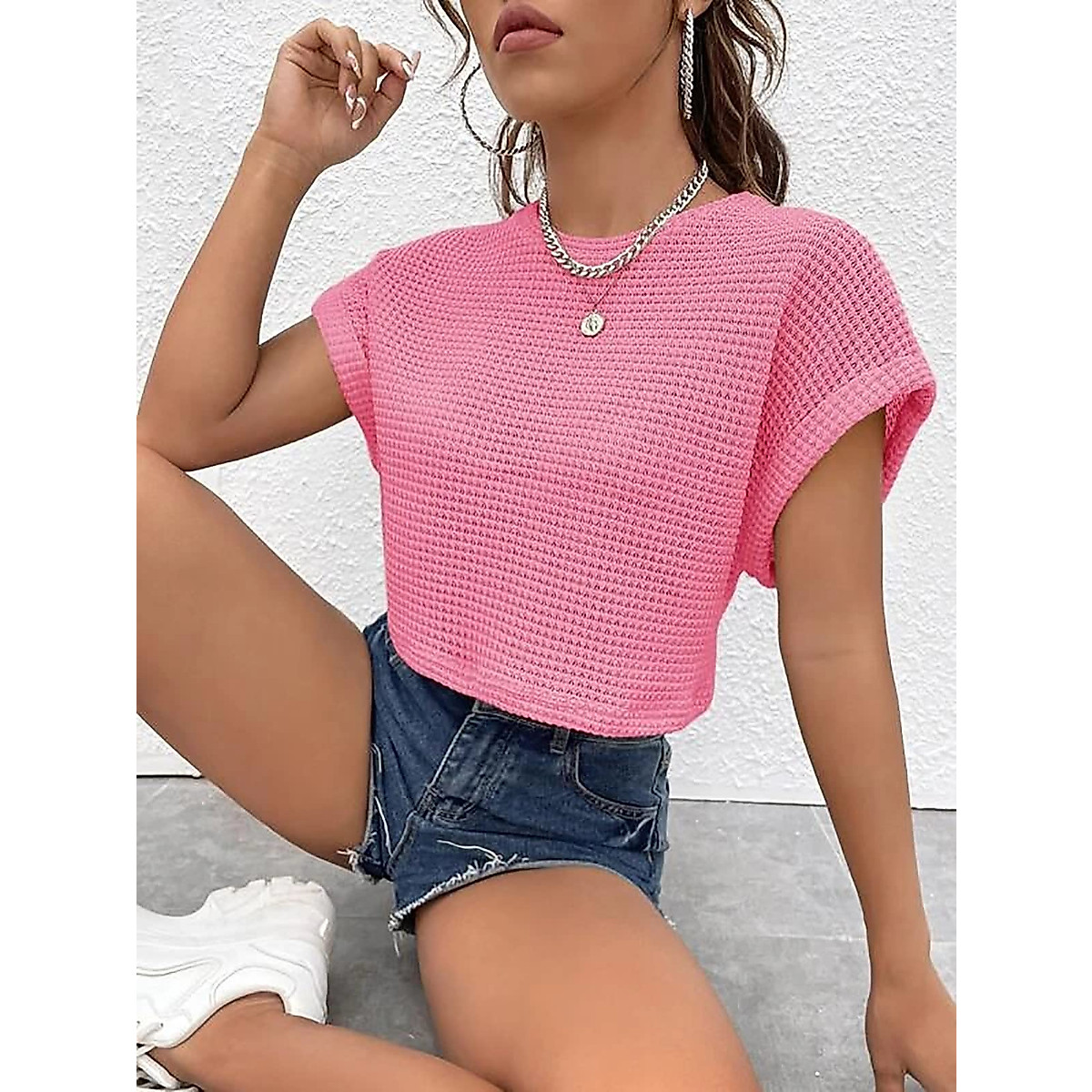 Meladyan Women’s Casual Waffle Knit Crop Tee Top Batwing Short Sleeve Crew Neck Solid Cropped T Shirt Tops Pink