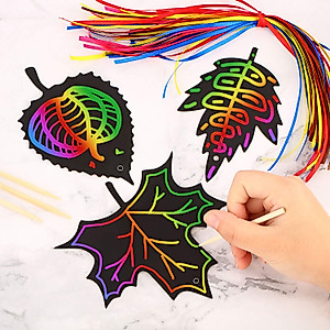50 Pieces Scratch Fall Leaves Colorful Scratch Leaves Scratch Rainbow Art Paper with Ribbons and Wooden Stylus for Thanksgiving Harvest Party (Black)