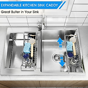 Sponge Holder for Kitchen Sink, Sink Caddy, Expandable (16.7"-21.2") Kitchen Sink Organizer with Dishcloth Towel Holder, Stainless Steel Over Sink Holder