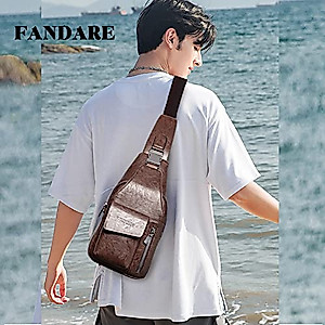 FANDARE Retro Sling Chest Bag Lightweight Shoulder Crossbody Backpack Men Business Casual Daypacks for Outdoor Travel Work Hiking Running Indoor Activities Waterproof PU Leather Dark Brown