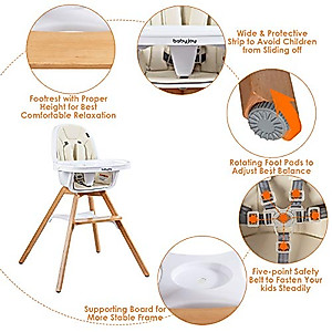 BABY JOY 3 in 1 High Chair, Baby Eat & Grow Convertible Wooden High Chair/Rocking Chair/Booster Seat/Toddler Chair, Infant Dining Chairs w/ Double Removable Tray, 5-Point Seat Belt & PU Cushion, Beige