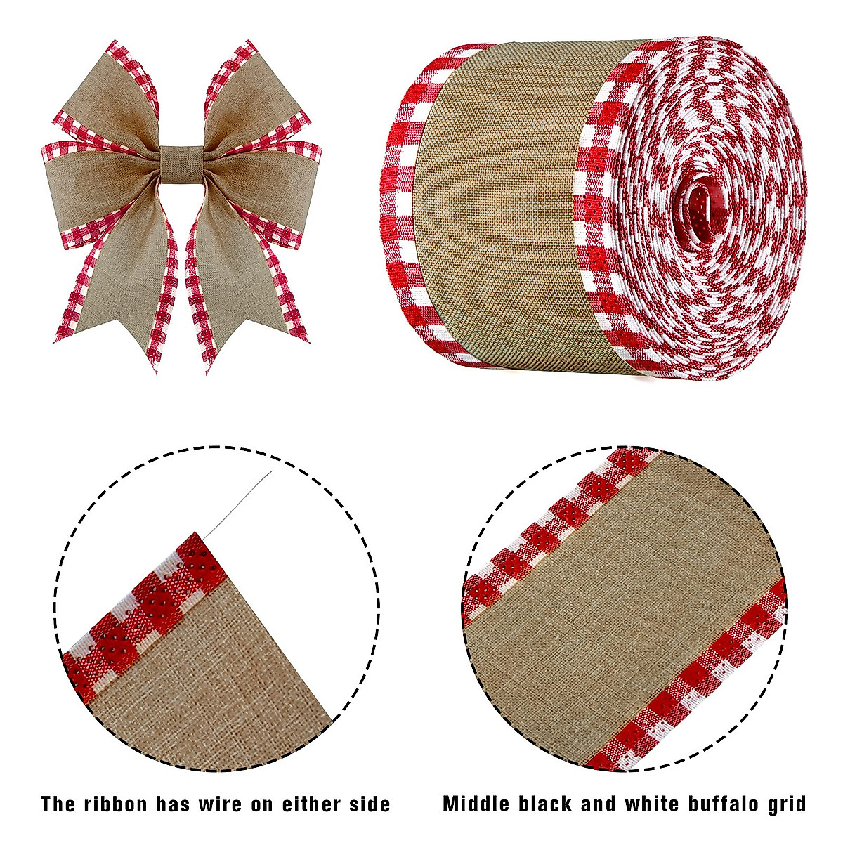 2 Rolls Christmas Buffalo Plaid Wired Edge Ribbons Christmas Tree Burlap Fabric Craft Ribbon Wrapping Ribbon with Checkered Edge, 216 Inch (Red and White,2.5 Inch Width)