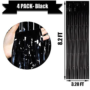 HalloweenDecorate 4 Pack Black Foil Fringe Curtain Backdrop, 3.28Ft x 8.2Ft Metallic Tinsel Streamer Curtains for Party, Photo Booth Props, Birthday, 2022 Graduation Decoration Party Supplies
