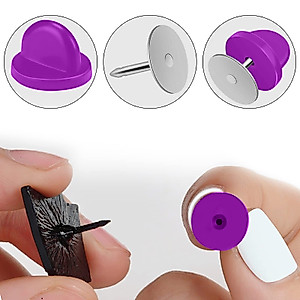 DUFEIMOY 150Pcs Rubber Pin Backs Locking, Locking Pin Backs with Storage Case, Pin Backs Pin Keepers for Brooch Tie Hat Badge Insignia, Purple Silicone Pin Locks