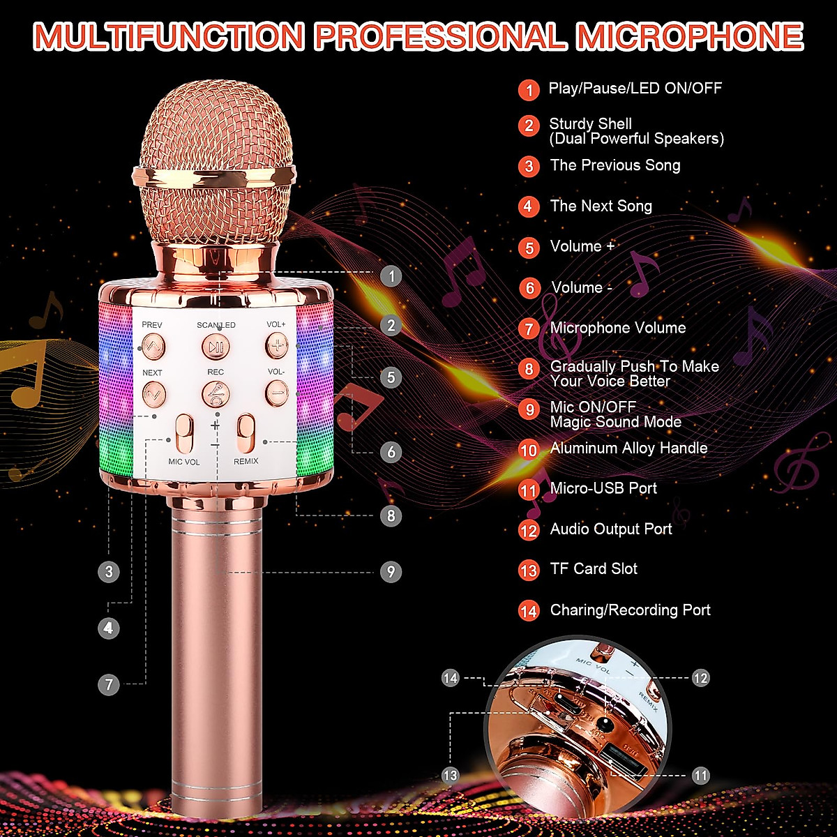 ShinePick Karaoke Microphone, 4 in 1 Wireless Microphone with LED Lights Handheld Portable Karaoke Machine, Home KTV Player, Compatible with Android & iOS Devices(Pink)