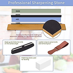 Sharpening Stone Whetstone Set 4 Side Grit 400/1000 3000/8000, Premium Whetstone Knife Sharpener, Knife Sharpening Stone Kit with Bamboo Base, Angle Guide, Leather Strop, Flattening Stone