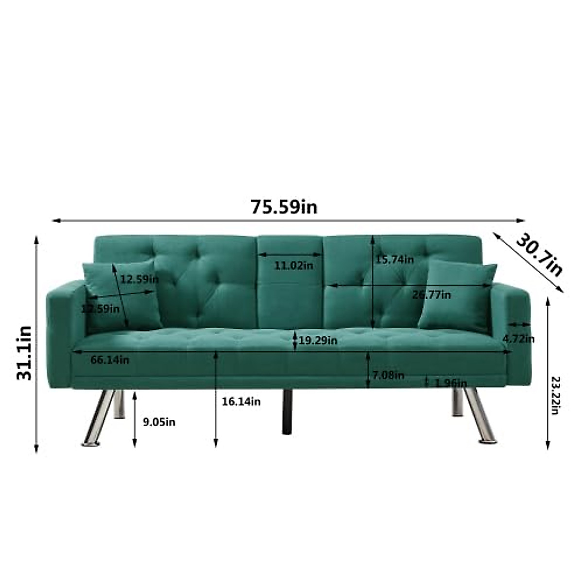 Verfur Linen Upholstered Futon Sofa Bed with 2 Cup Holders,Button Tufted Convertible Folding Loveseat Couch,Small Lounger Sofa & Couch for Compact Living Spaces,Apartment, 75.59", Green
