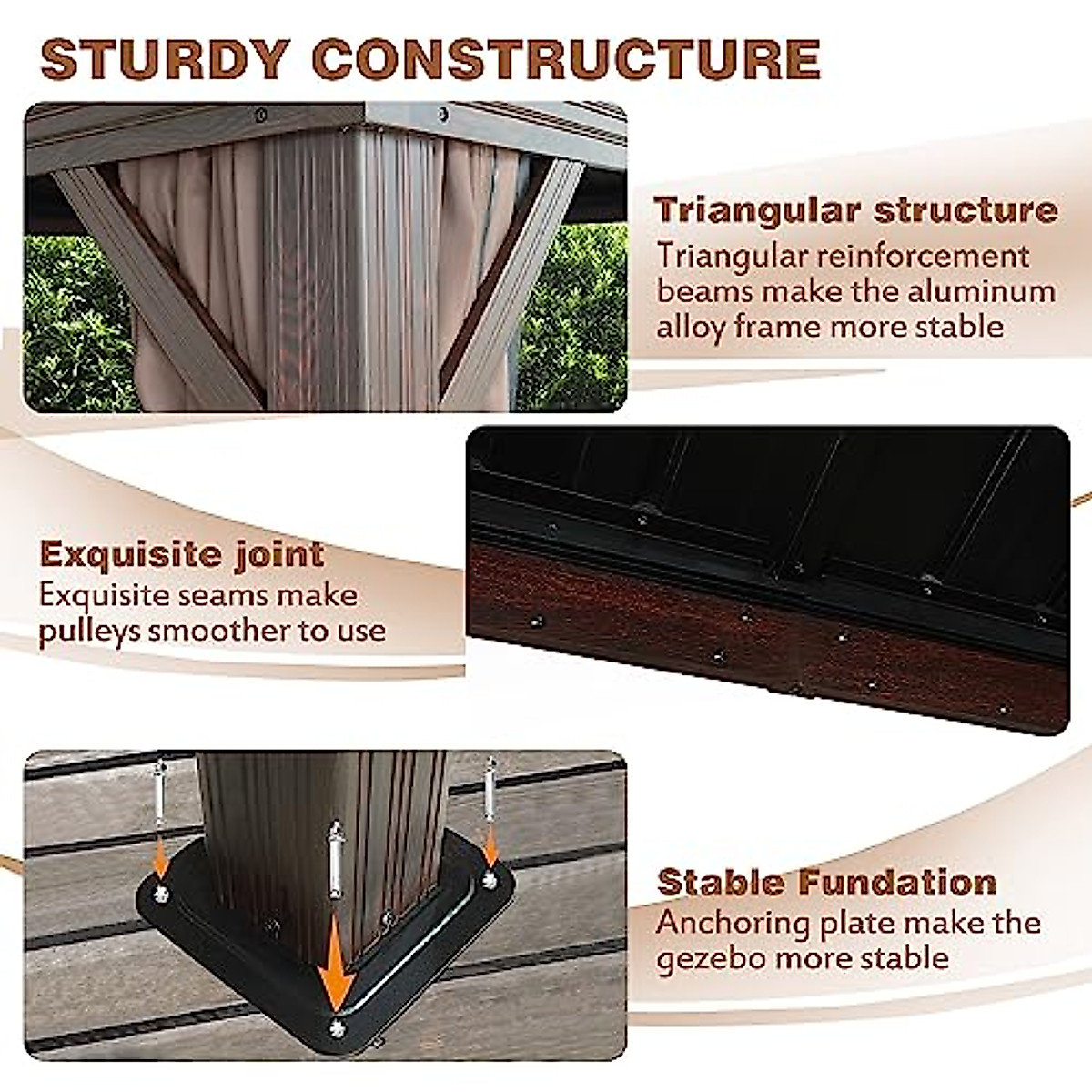 MUPATER 10' x 12' Gazebo, Wooden Finish Coated Aluminum Frame, with Double Galvanized Steel Hardtop Roof, Netting and Curtains for Garden, Patio, Lawn and Parties