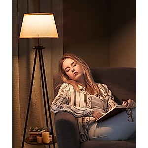 ELINKUME Modern Floor Lamp with Shelves, Dimmable Tripod Floor Lamp with E26 RGB Bulb, Remote & WiFi APP Control, Perfect for Reading and Storage Need in Living Room, Bedroom, and Office