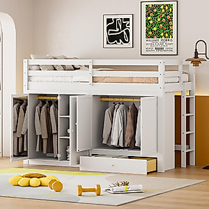 Merax Twin Size Wood Loft Bed with Drawer, Two Wardrobes, and Mirror, Wooden Bedframe with Ladder and Safety Guardrail for Boys Girls Adult, No Spring Box Needed, White