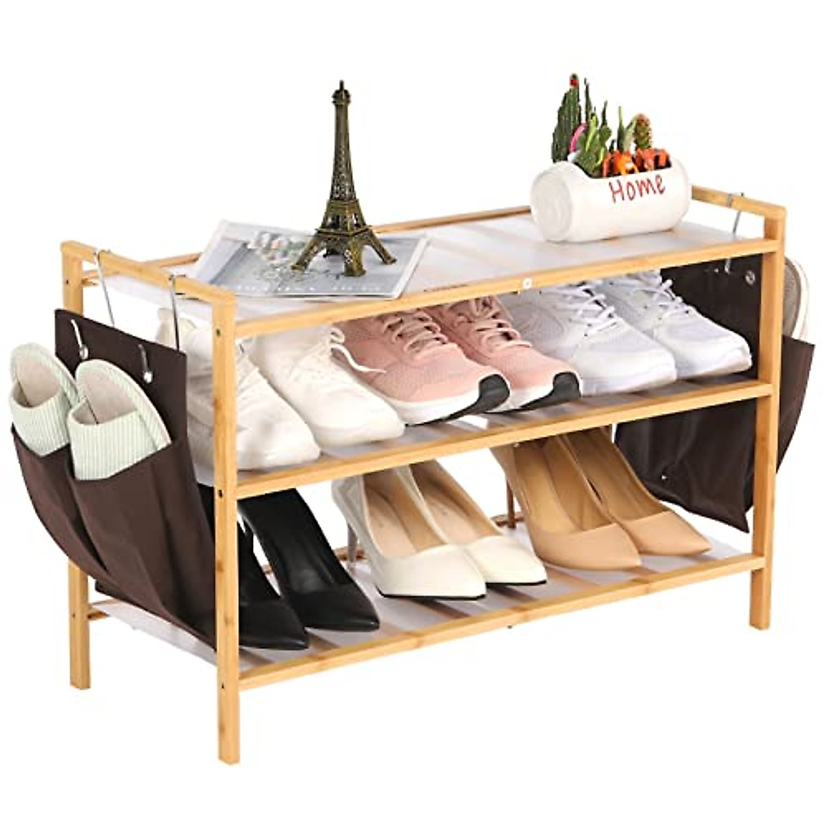 CoMokin Bamboo 3 Tier Shoe Rack Stackable Shoe Shelf Storage Organizer with Side Pockets for Unit Entryway Hallway and Closet Sturdy Free Standing Shoe Rack