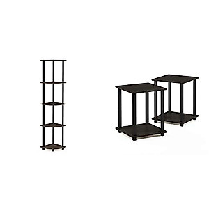 Furinno Turn-N-Tube 5 Tier Corner Display Rack Multipurpose Shelving Unit, 1-Pack, Dark Brown Grain/Black & Simplistic Set of 2 End Table, Espresso/Black