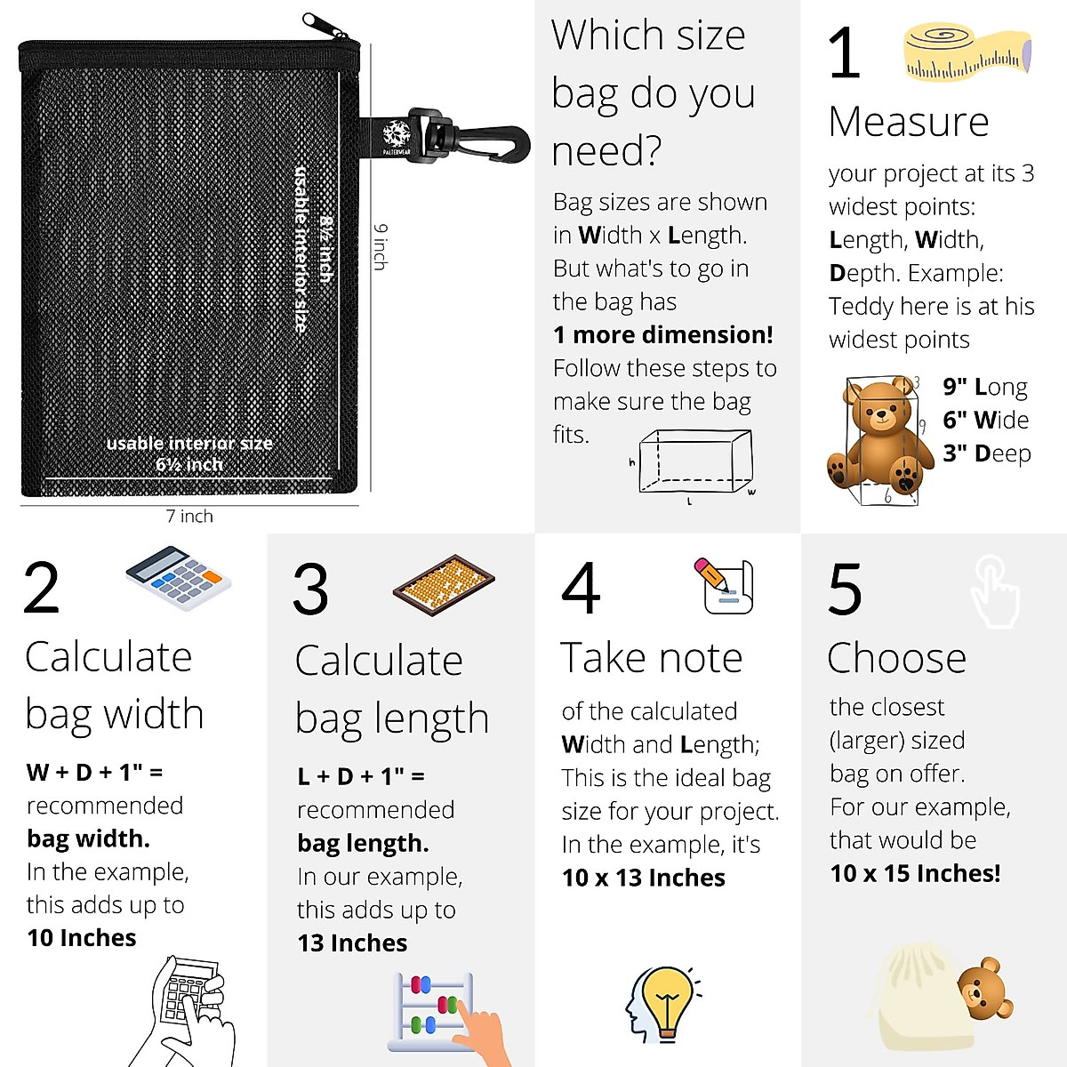 PALTERWEAR Mesh Zipper Bag with Clip - Set of 4 (Black, 7 x 9 inch)