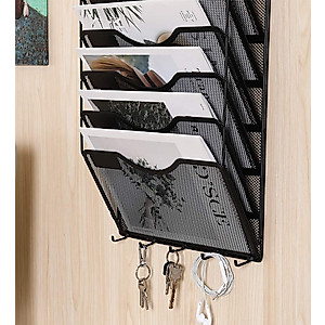 EasyPAG Hanging File Organizer Wall Mount 10 Pocket Vertical Wall Folder Holder Mail Organizer with 5 Key Hook for Office and Classroom,Black