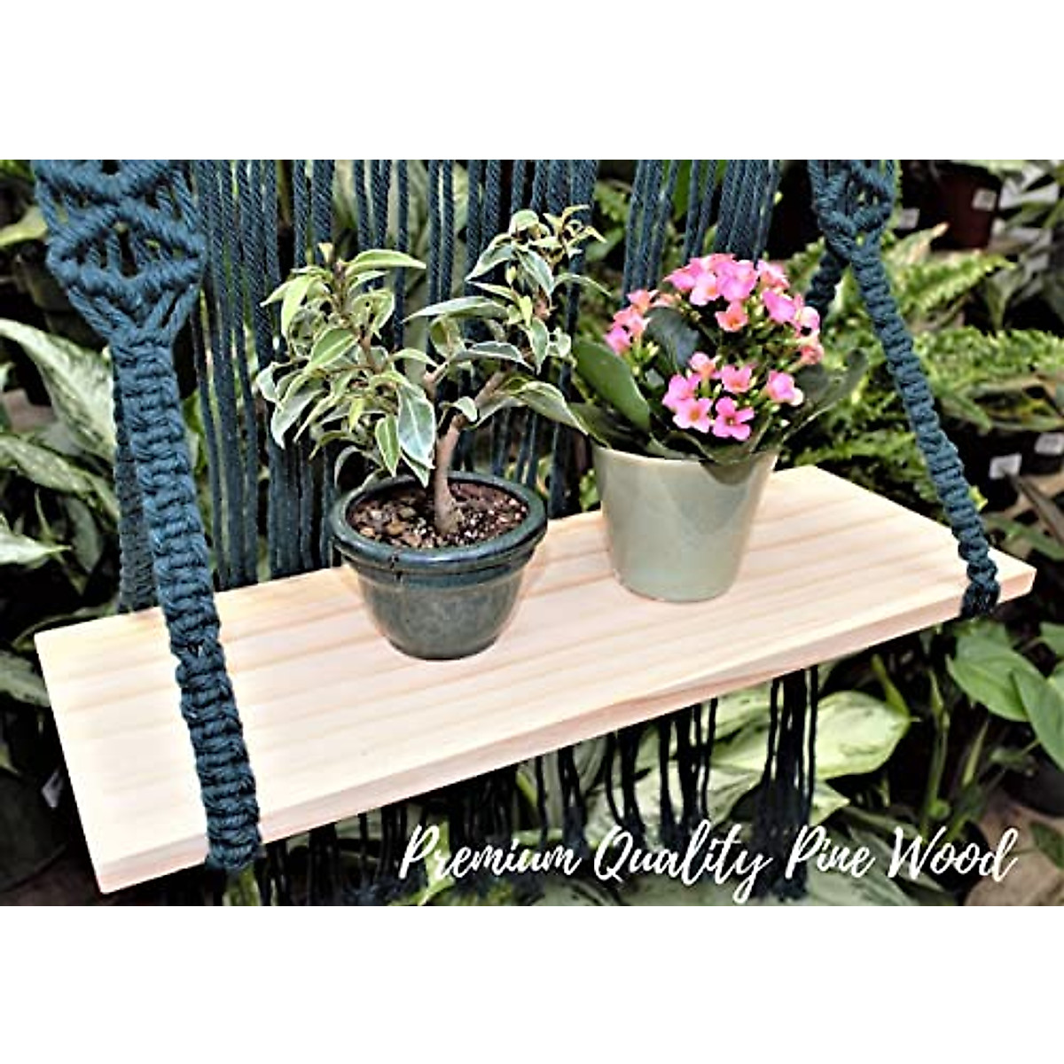 Macrame Wall Hanging Shelf-ideal décor-plants storage bookshelf-Bohemian Decorative Shelves-Boho Floating Indoor Shelving–For bedroom kitchen bathroom room with window Plant hanger-shelfs. Green