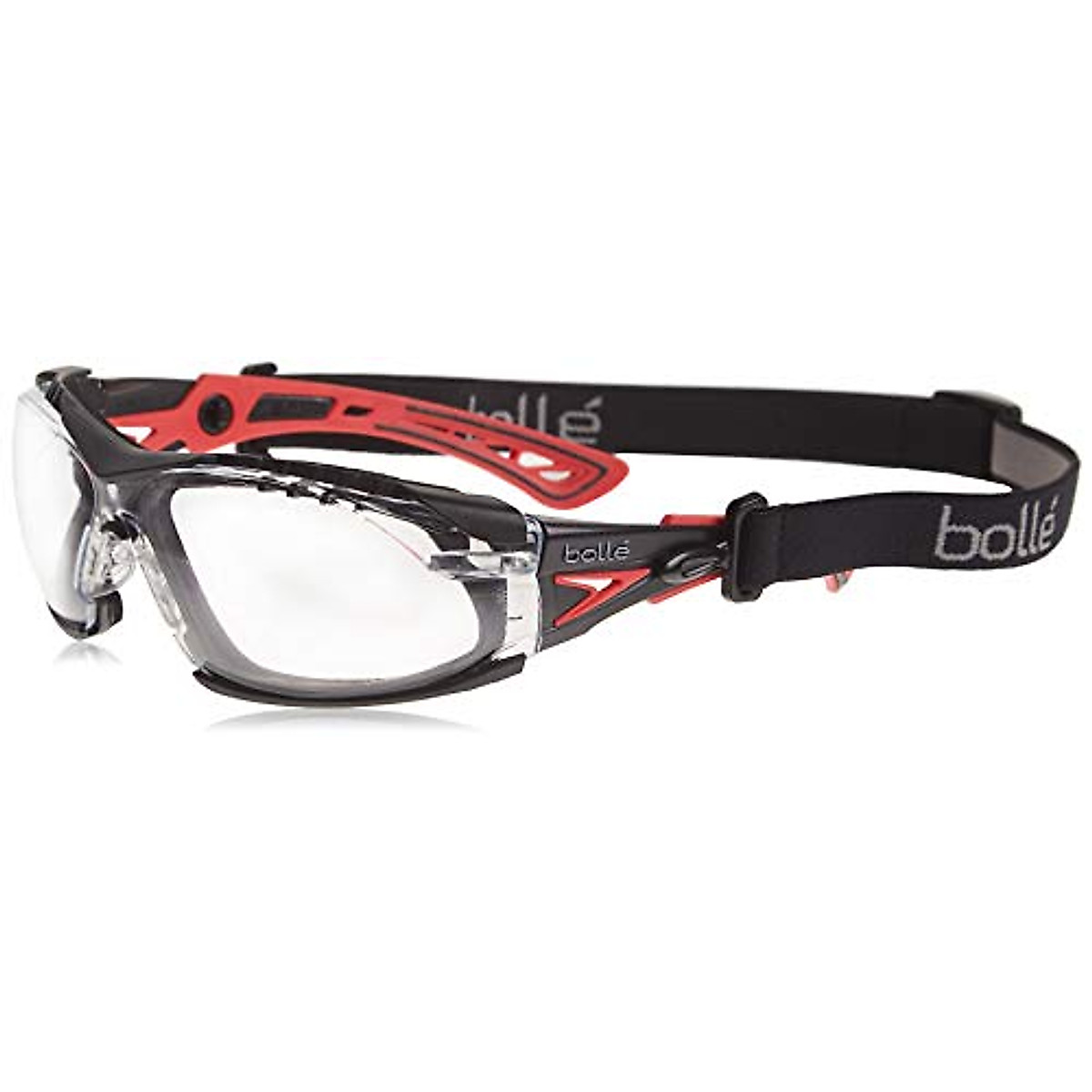 Bolle Safety Rush+ Safety Glasses Platinum® with Assembled Foam and Strap, Black & Red Frame, Clear Lenses