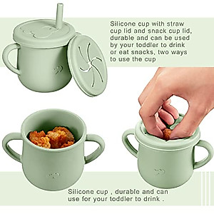 16 Pack Baby Feeding Supplies Set, Silicone Baby Led Weaning Suction Plates and Bowls Silicone Bibs Anti Slip Placemat Baby Spoons Forks Snack Cups, Toddler Eating Utensil Set (Green, Light Gray)