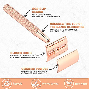 Rose Gold Double Edge Safety Razor for Women,with 10 Platinum Coated Double Edge Safety Razor Blades, Reusable Metal Razors for Men, Travel Essentials Single Blade Razor