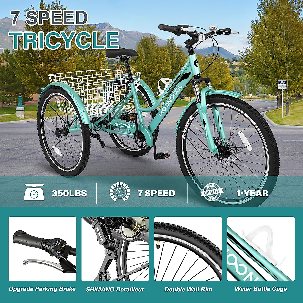 MOPHOTO Mountain Tricycle for Adults, 3 Wheeled 7-Speed Mountain Tricycle 24 inch 26 inch Men's Women's Tricycles Cruiser Bike Featuring Disc Brakes, Cargo Basket