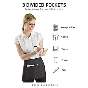 Syntus 3 Pack Server Aprons with 3 Pockets, Waterdrop Resistant Waitress Waiter Waist Apron, 11.5-inch Black