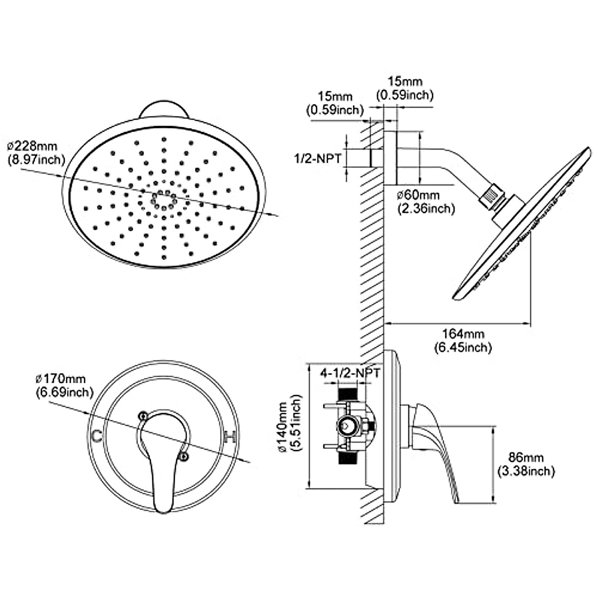 PARLOS Shower Faucet with Valve, Single-Handle Shower Trim Kit with Rain Shower Head, Wall Mounted Shower System, 1436404