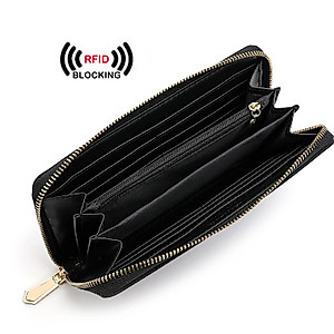Wallets For Women Zipper Wristlet Clutch Wallet With Wrist Strap Ladies Long Purse Vegan Leather (Black)