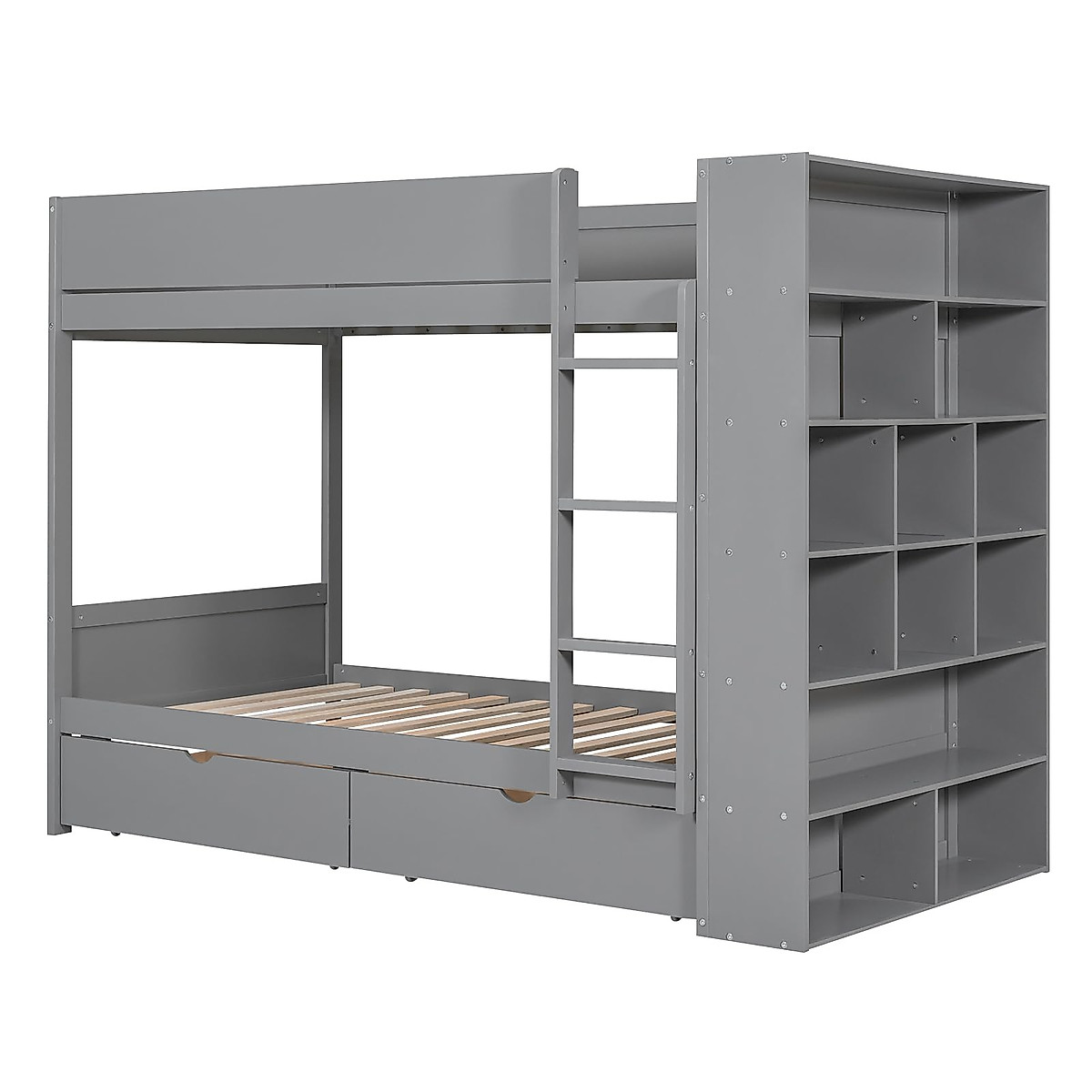 Harper & Bright Designs Twin Over Twin Bunk Beds with Storage Drawers & Bookshelves, Wood Bunk Bed Frame with Guardrails & Ladder for Kids, Teens, Adults (Gray)