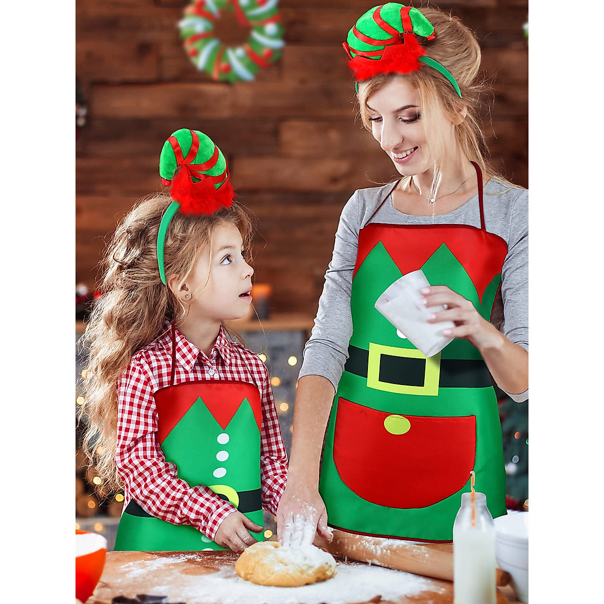 SATINIOR 4 Pieces Christmas Elf Apron and Santa Elf Hat Headbands Cute Kitchen Cooking Aprons Christmas Costume Accessories for Fancy Dress Party Thanksgiving Day Multicolor