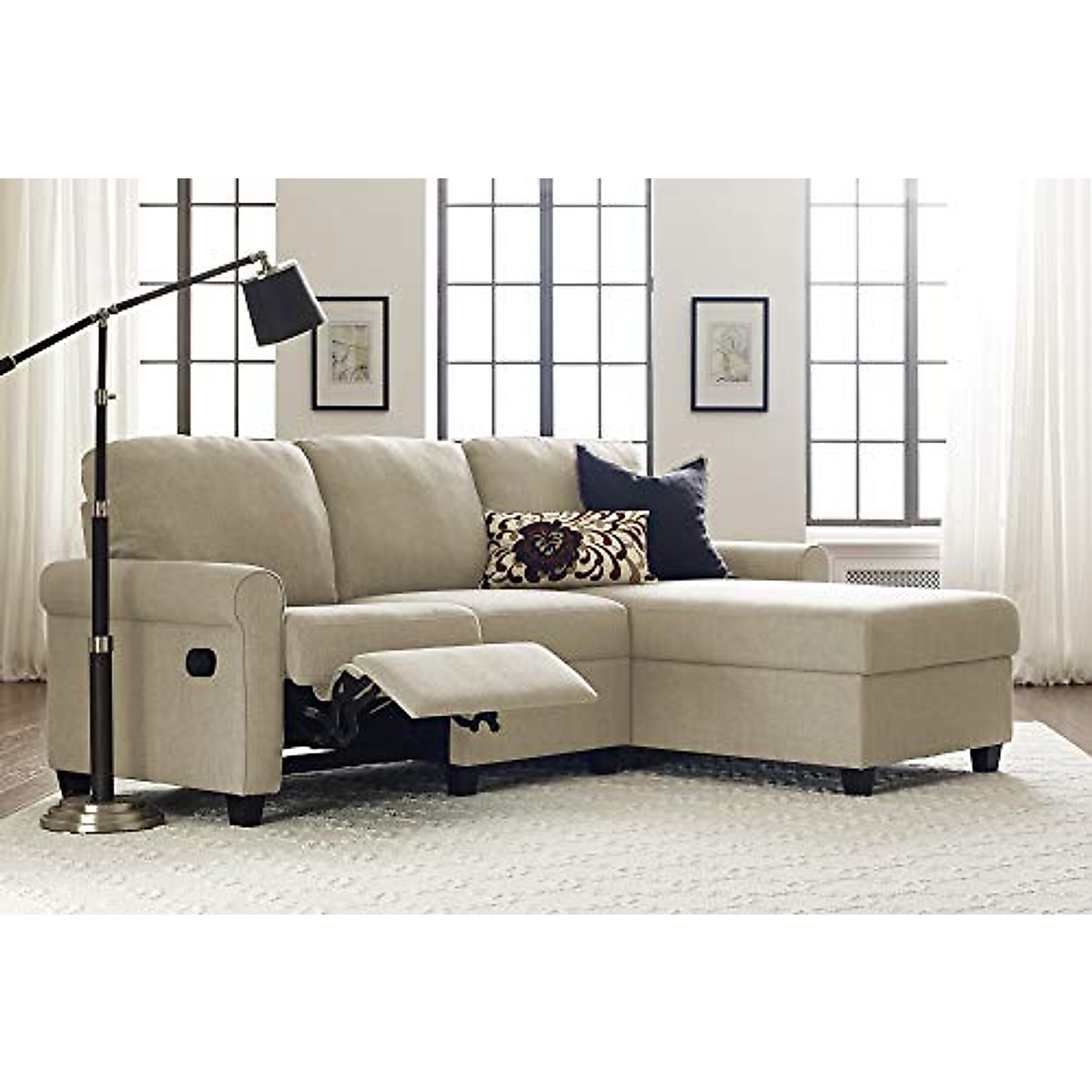 Serta Copenhagen Reclining Sofa Small Couch with Built-in Storage, Low-Maintenance & Family-Friendly Fabric, Right Sectional, Dusk Beige