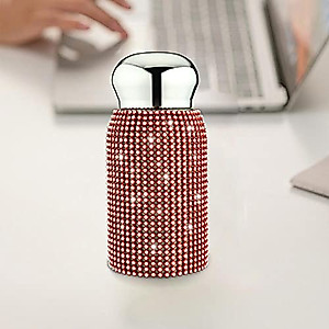 200ml Cute Mini Bling Diamond Water Bottles, Stylish Rhinestone Small Stainless Steel Insulated Water Bottles, Leak-Proof Vacuum Flask Thermal Bottles for Women Girls (Red)