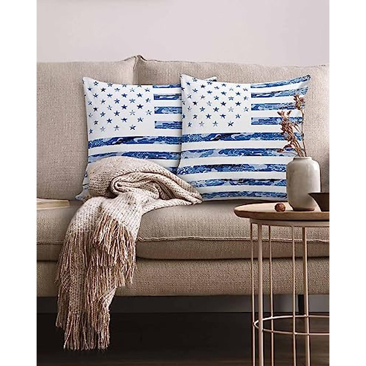 Set of 2 Throw Pillow Covers Square for Home Decor, Independence Day Camo American Flag Patriotic 18x18 Inch Cotton Reversible Pillow Case Sofa Soft Cushion Cases for Bedroom Couch Bed Car Chair
