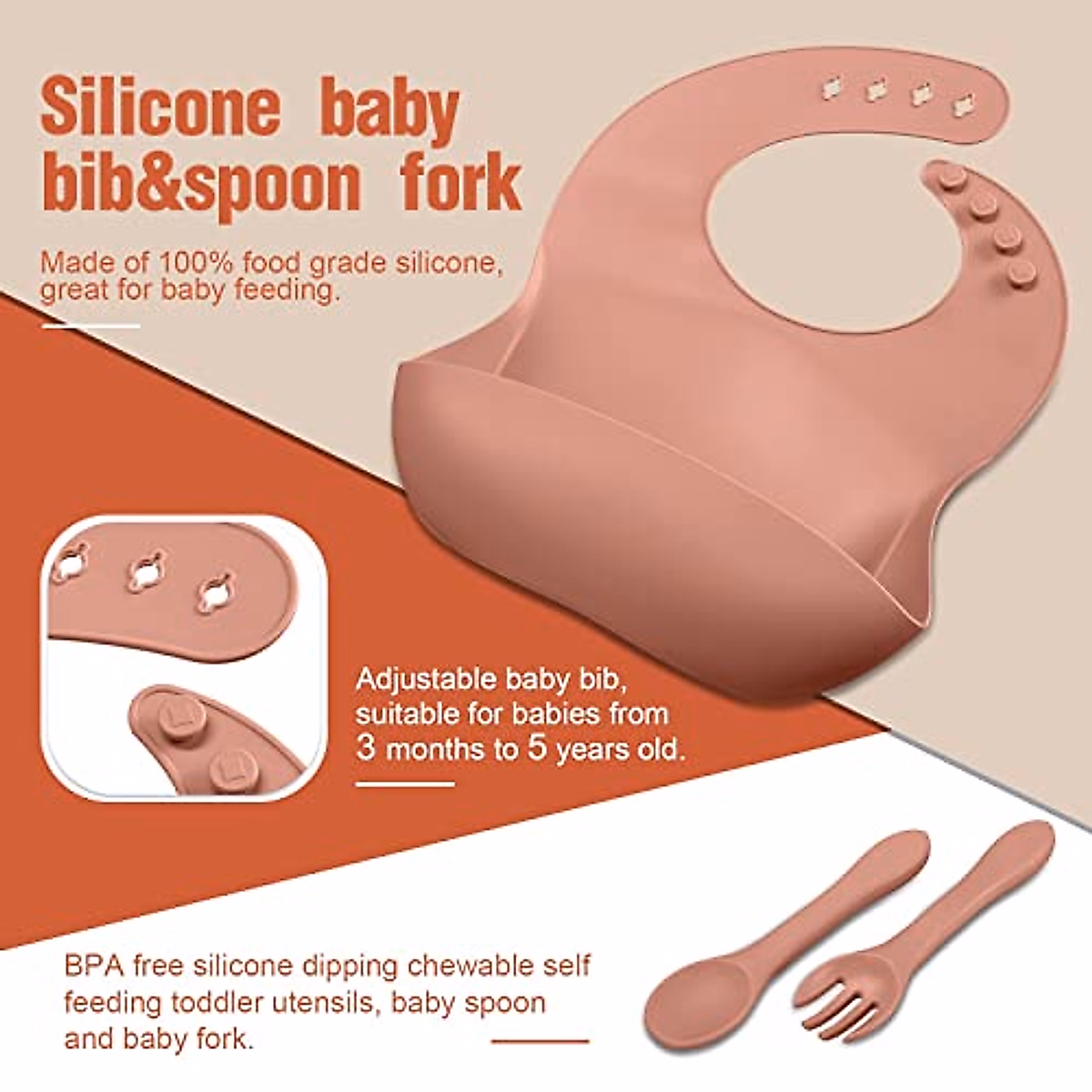 Potchen 10 Pack Silicone Baby Feeding Set, Toddlers Led Weaning Supplies with Suction Bowl Divided Plate Adjustable Bib Soft Spoon Fork, Infant Self Eating Utensil Set (Beige, Orange)