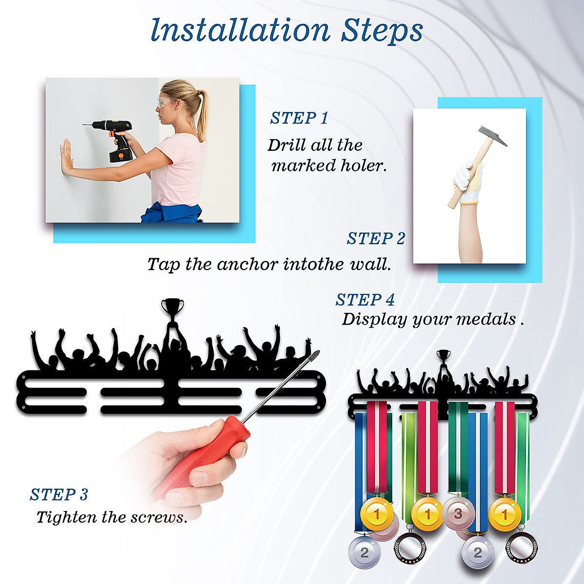 PH PandaHall Medal Hanger Display Celebration Medal Holder Award Ribbon Hanger 3 Lines Medal Hanger Cheer Gymnastics Sport Award Rack Wall Mount Iron Frame for Over 50 Medals 15.75 Inch/40cm