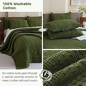 Sanracie Olive Green Waffle Weave Quilt Set Queen Size(90"x98")-100% Cotton Quilted Bedspread Set,3PCS Boho Queen Quilt Bedding Sets, Farmhouse Coverlet Shabby Lightweight Chic Bedding