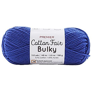 Premier Yarns Cotton Fair Bulky Solid Classic Blue 2081-11 (3-Skeins - Same Dye Lot) Chunky Bulky #5 Cotton, Acrylic Yarn for Crocheting and Knitting with Project Bag