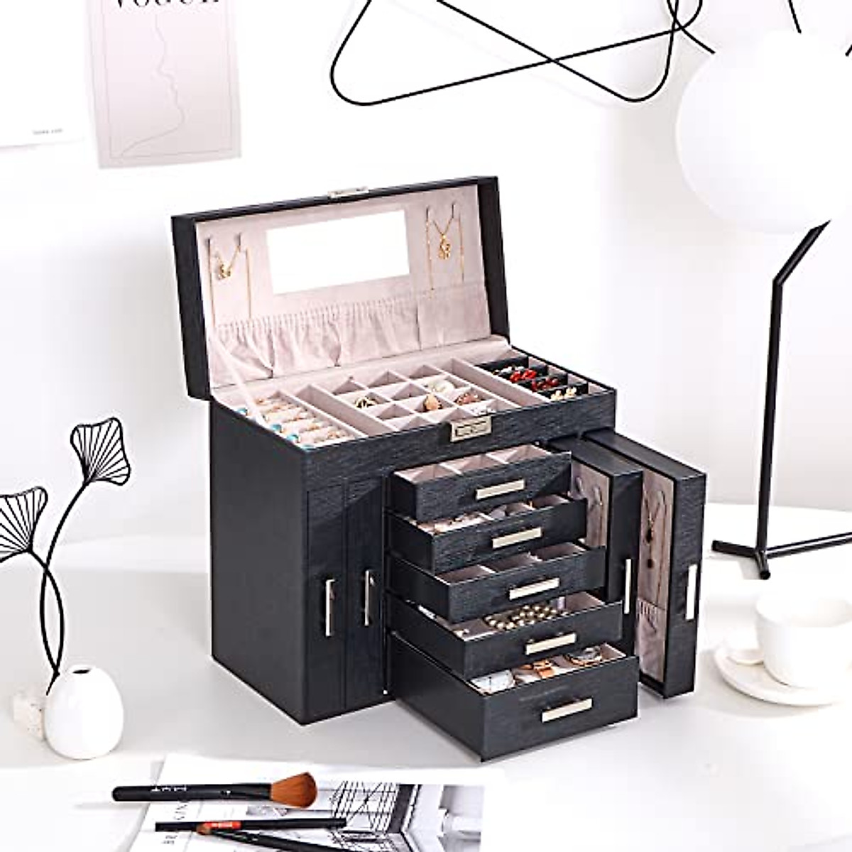 ANWBROAD Huge Jewelry Box Jewelry Organizer Case 6 Tier 40 Hooks Display Storage Holder with Lock Mirror Girls Jewelry Box Earrings Rings Necklaces Bracelets Earrings Gift Faux Leather Black UJJB018B