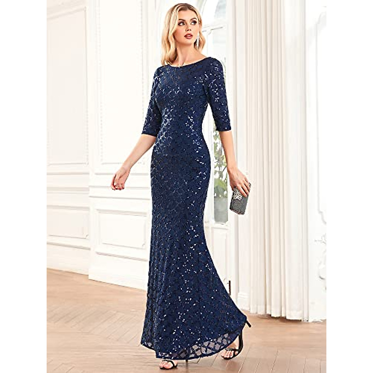 Ever-Pretty Women's Crewneck Half Sleeve Sequin Mermaid Maxi Glitter Evening Dresses Navy Blue US4