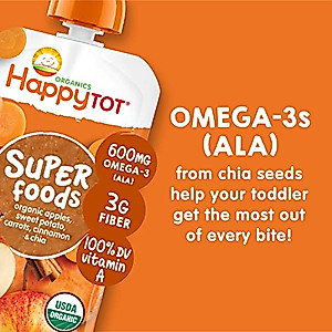 HAPPYTOT Organics Super Foods Stage 4, Apples, Sweet Potatoes, Carrots & Cinnamon + Super Chia, 4.22 Ounce Pouch (Pack of 16)