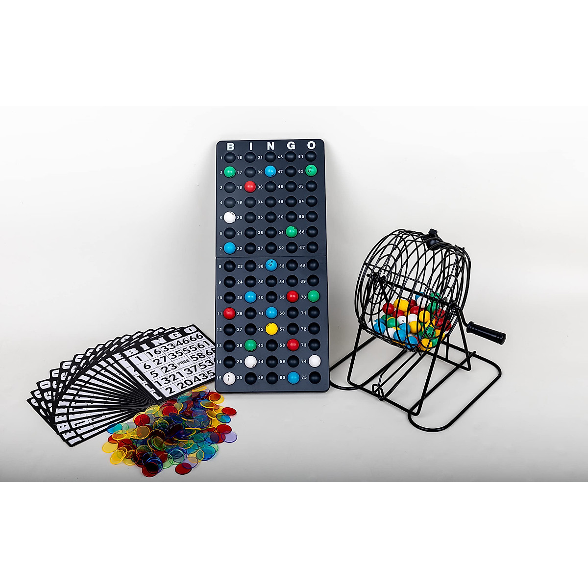 jiujiu&liuliu Deluxe Bingo Game Set - Metal Cage with Calling Board, 18 Bingo Cards,150 Colorful Bingo Chips,75 Colored Balls, Perfect for Family Events, Parties