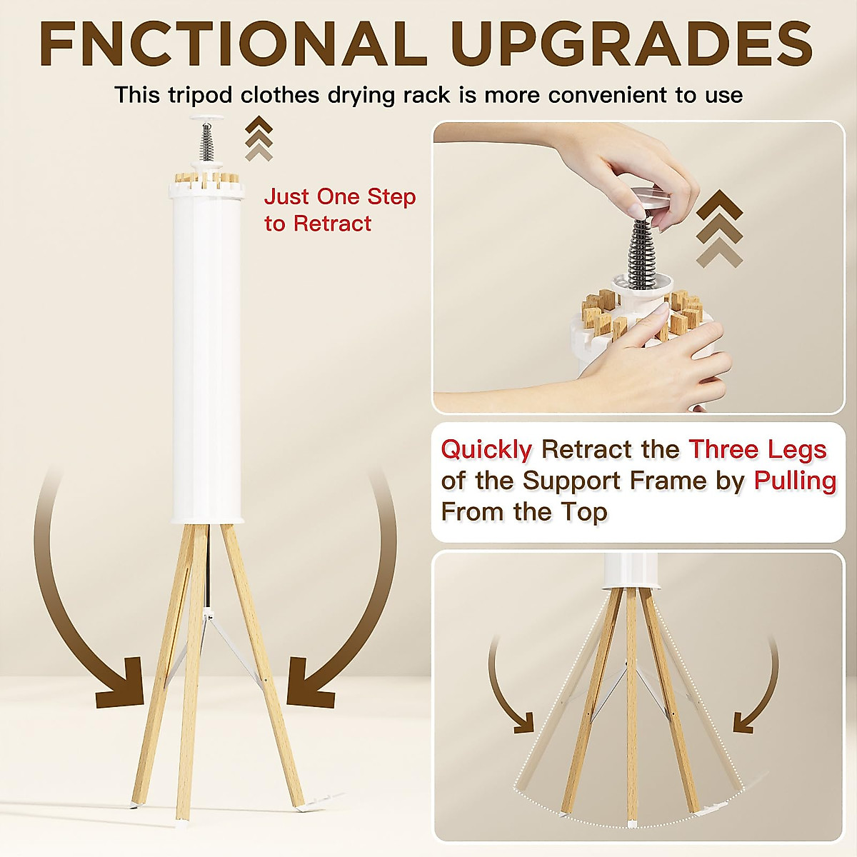 Tripod Clothes Drying Rack, Octopus Drying Rack, Portable and Foldable Space Saving Drying Rack,16 Expandable Rods,Wooden, Collapsible Drying Rack for Camping, Balcony, Bedroom and Laundry Room.