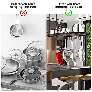 LiebeRen Pot Rack Hanging, Pot Hanger for Kitchen Ceiling, Hanging Pot Rack Ceiling Mount（33"x 16.5"x 1.2"inches, Ceiling Pot Rack with 12 Hooks, Pot and Pan Hanger Made of Wood and Iron.(Black)