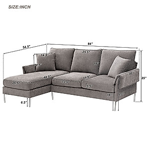 KoiHome 84" Convertible Sectional 2 Pillows, Modern Chenille L-Shaped Couch with Reversible Chaise Lounge, 3-Seater Sleeper Sofa, Fit for Living Room,Office,Apartment, Polyester, Grey