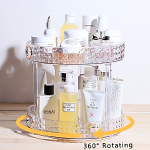 ROWNYEON Rotating Makeup Organizer 2 Tier Skincare Organizers with handle Bathroom, Diamond Texture Perfume Organizer Makeup Carousel for Vanity, Cabinets, Pantry, Fridge, Countertops, Kitchen